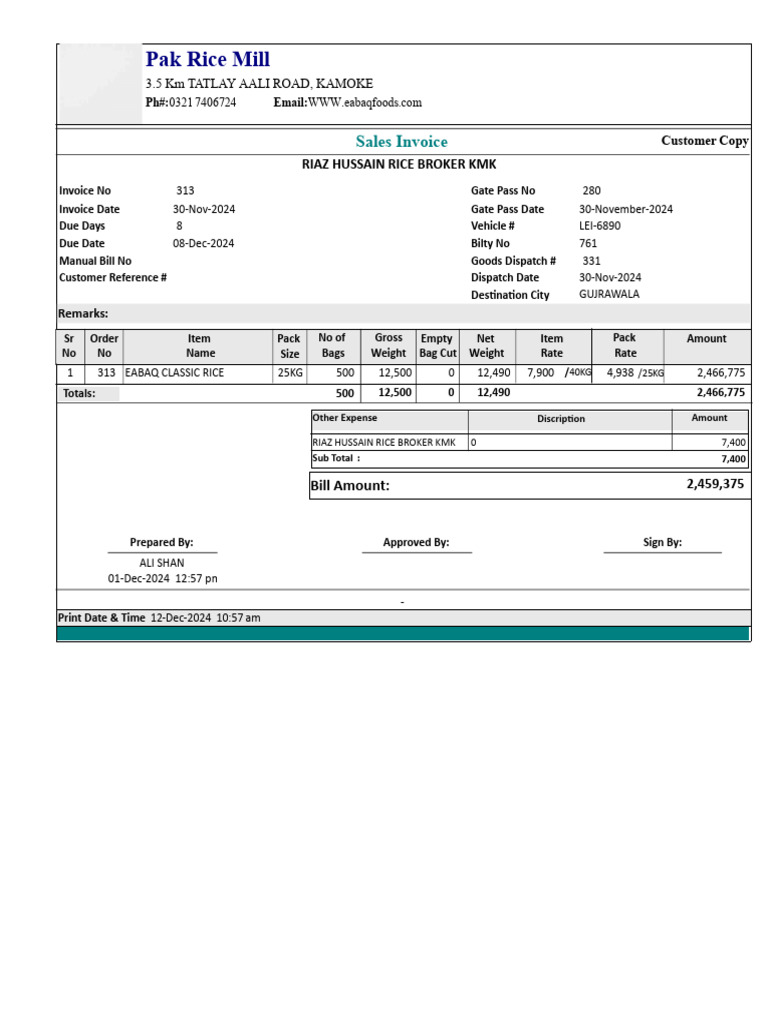 30-11-24 Sale Invoice Riaz Hussain Rice Broker KMK | PDF