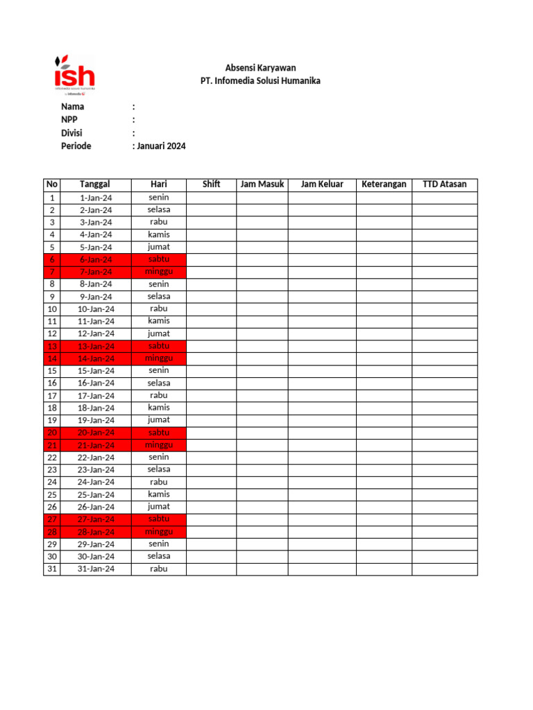 Form Absensi Januari Manual | PDF