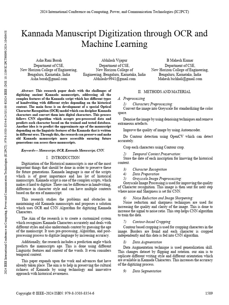 Kannada Manuscript Digitization Through OCR and Machine Learning | PDF ...