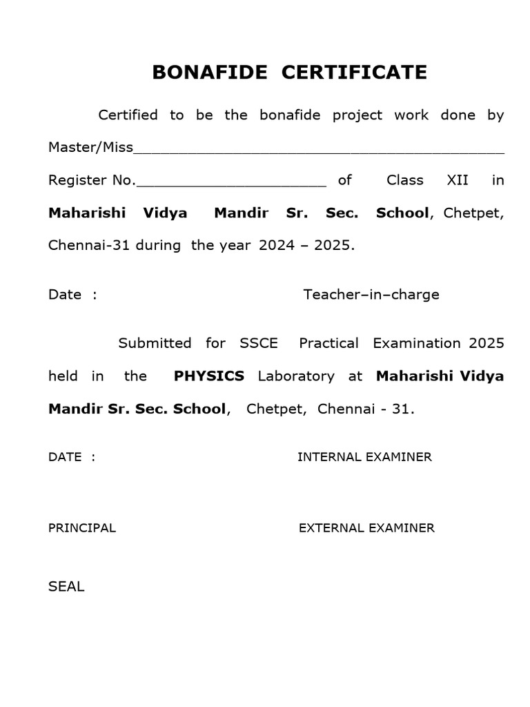 Bonafide & Ack For Physics | PDF