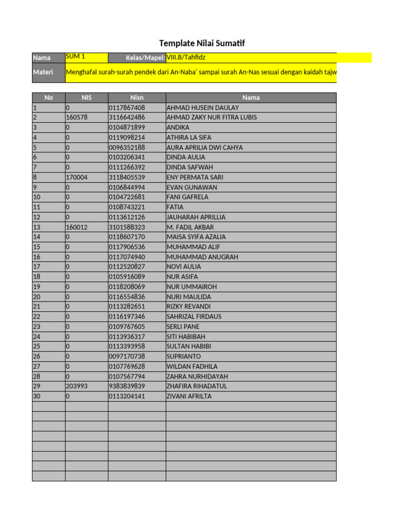 Template Nilai Sumatif-VIII.B-Tahfidz | PDF