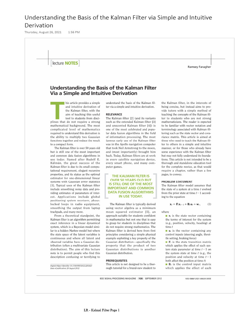 Understanding The Basis of The Kalman Filter Via Simple and Intuitive Derivation | PDF