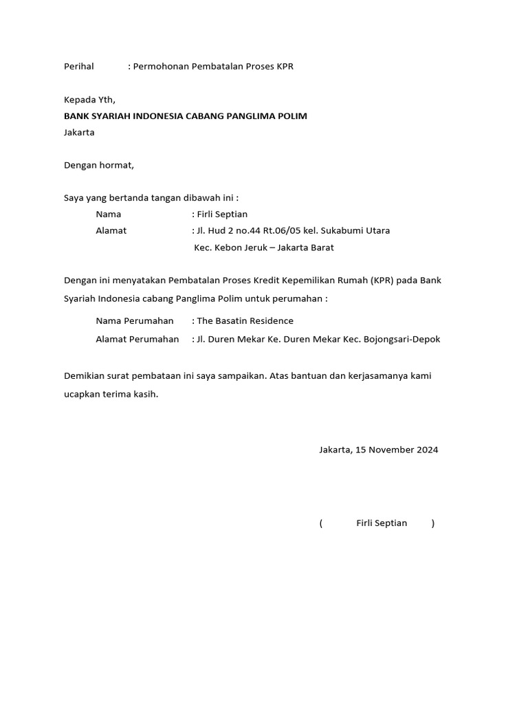 Surat Pembatalan KPR | PDF