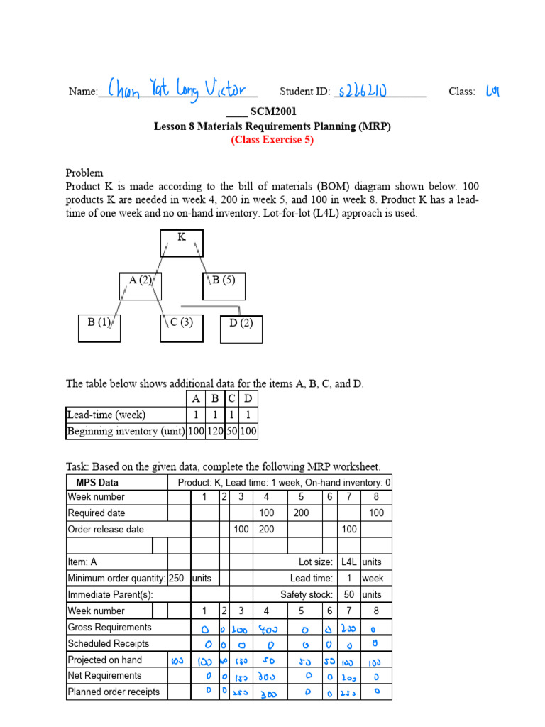 MRP Exercise for Product K in SCM2001 | PDF | Secondary Sector Of The ...
