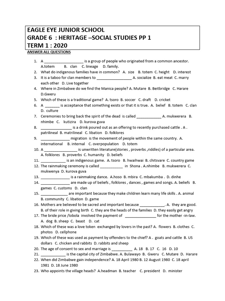Grade 6 Social Studies Quiz | PDF | Robert Mugabe | Zimbabwe