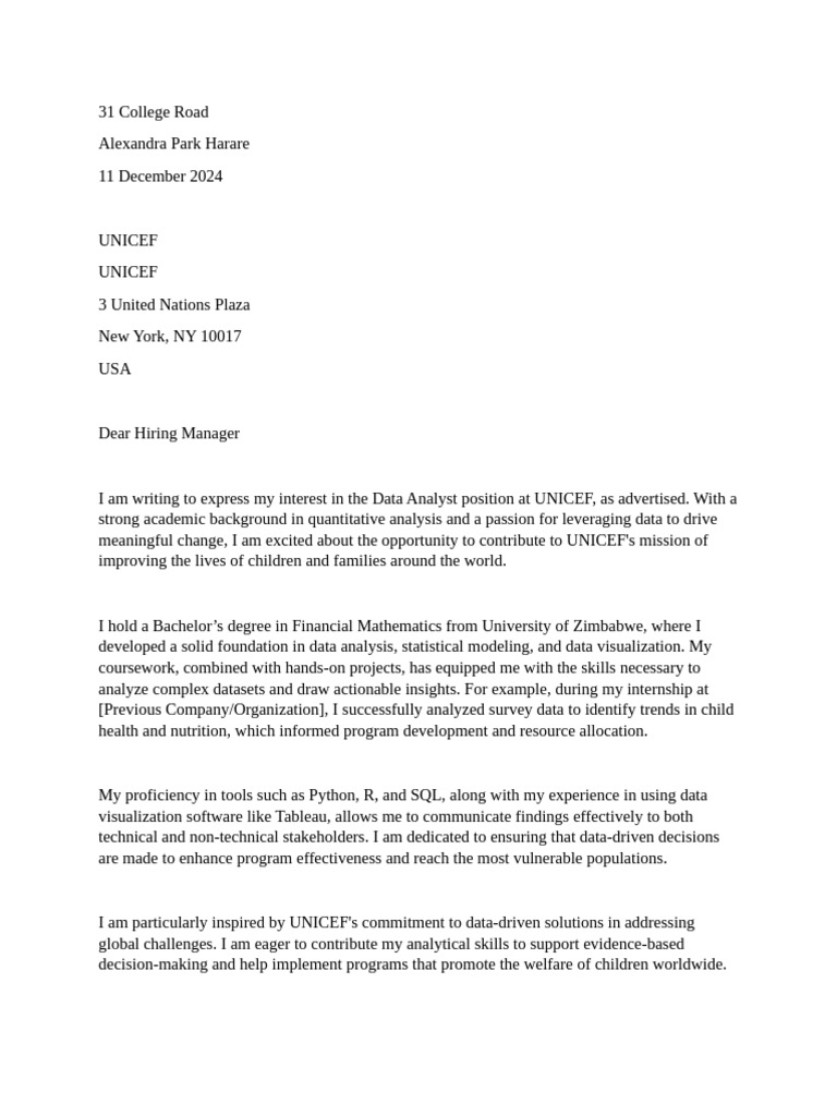 Cover Letter for Unicef | PDF