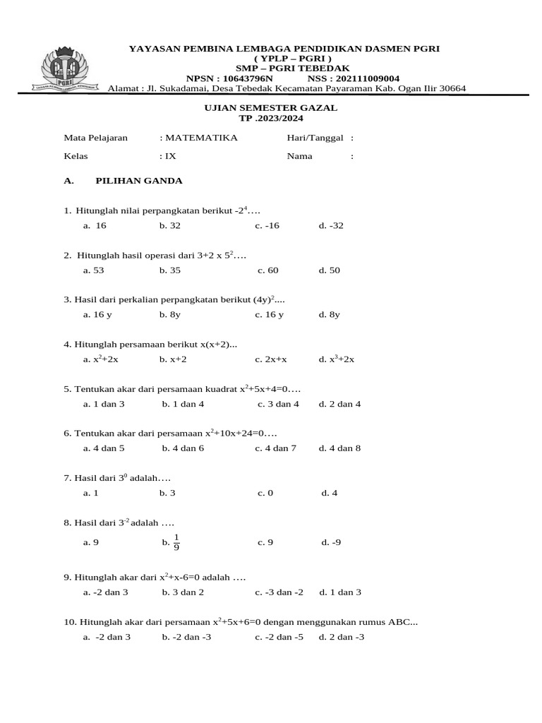 Soal MTK 2024 IX | PDF