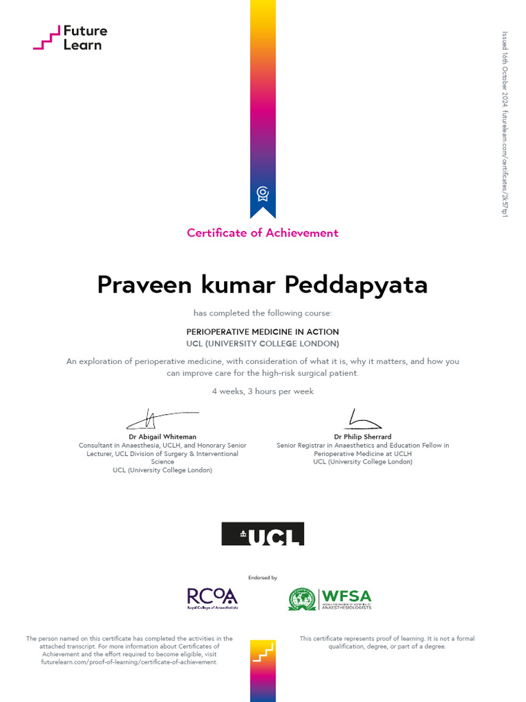 Perioperative Medicine Course Completion | PDF | Health Care | Patient
