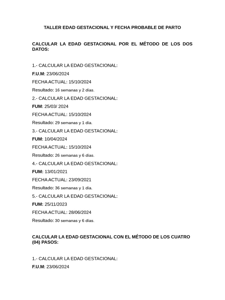 Taller Edad Gestacional y Fecha Probable de Parto | PDF
