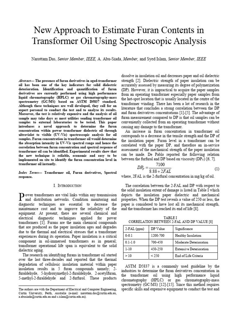 Furan Detection in Transformer Oil via UV-Vis | PDF | Transformer ...