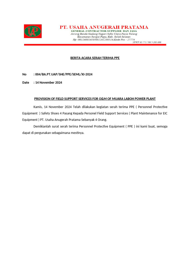 BERITA ACARA SERAH TERIMA PPE EIC Desember 2024 Feri | PDF