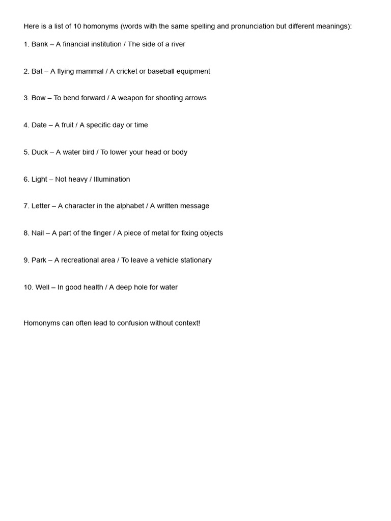 List of 10 Common Homonyms | PDF