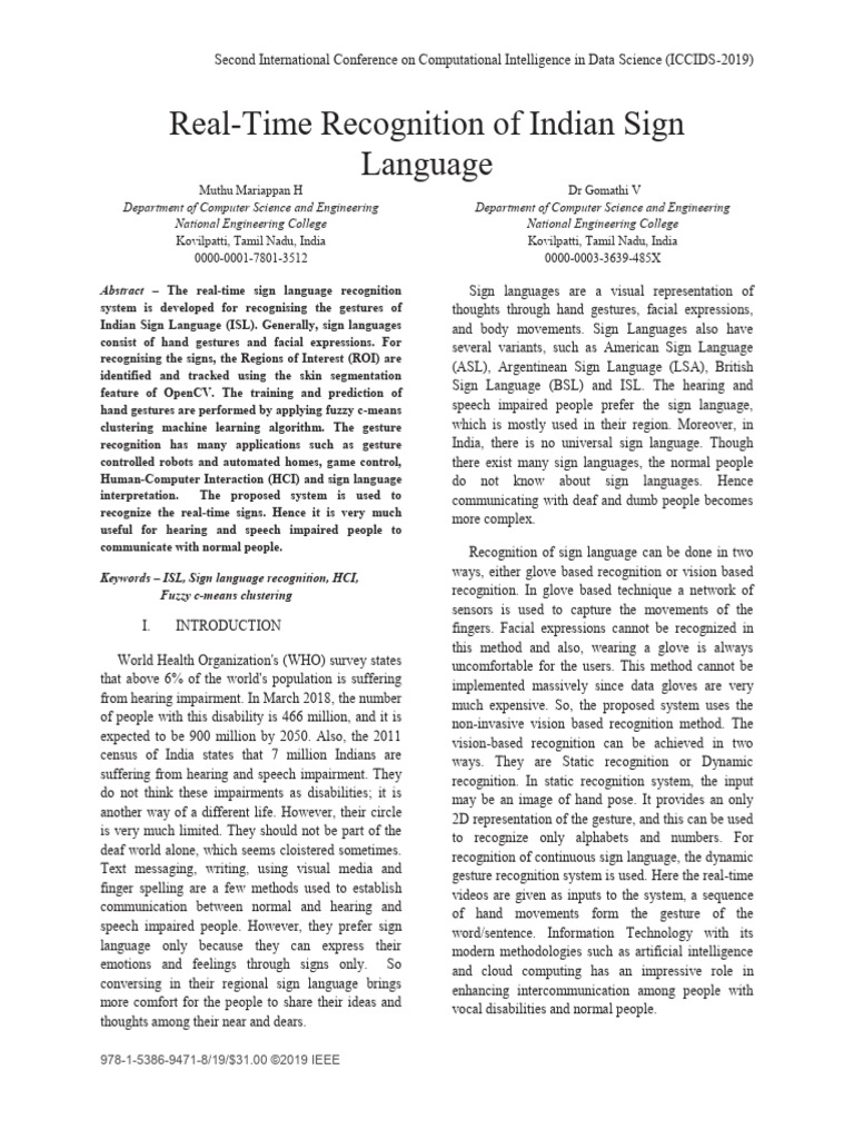 Real-Time Recognition of Indian Sign Language | PDF | Sign Language ...