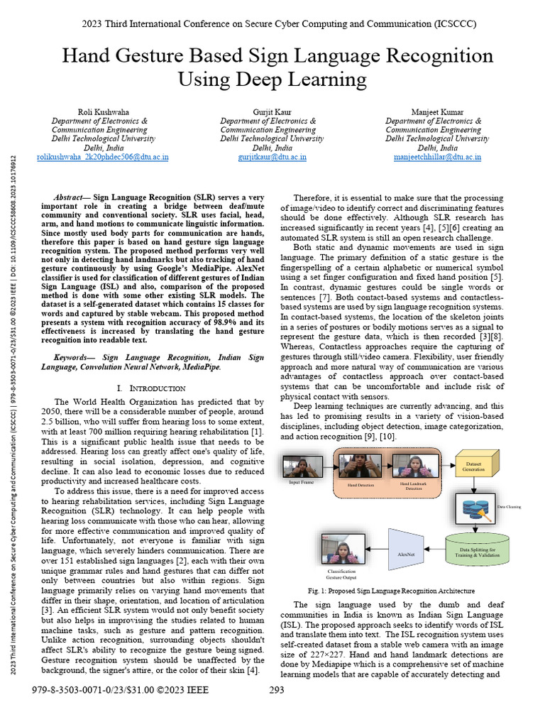 Hand Gesture Based Sign Language Recognition Using Deep Learning | PDF | Sign Language