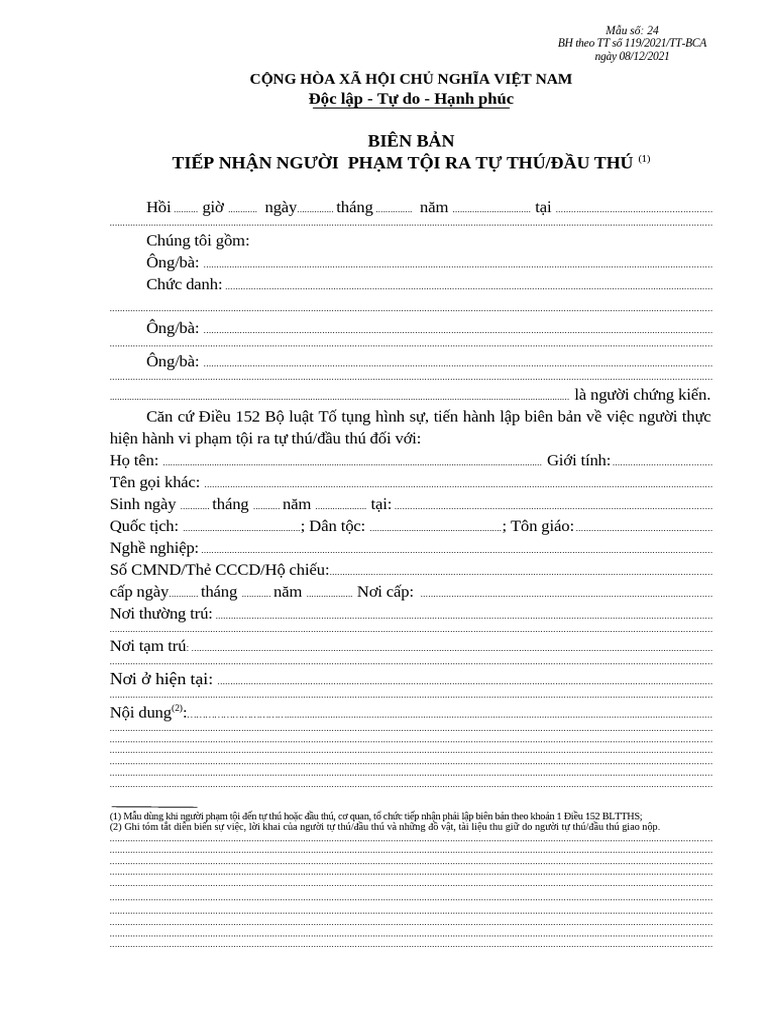 Bien Ban Tiep Nhan Nguoi Pham Toi Ra Tu Thu, Dau Thu | PDF