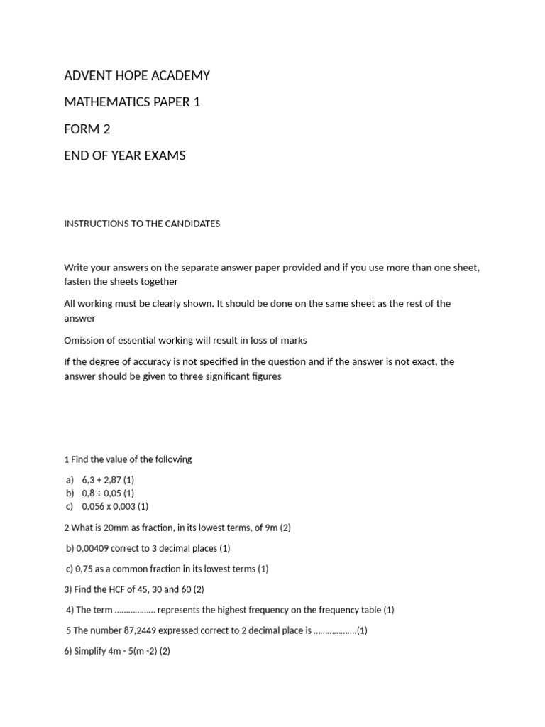 Form 2 Mathematics Exam Paper | PDF | Numbers | Area