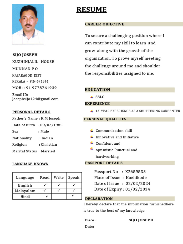 Shuttering Carpenter Resume of Sijo K. | PDF