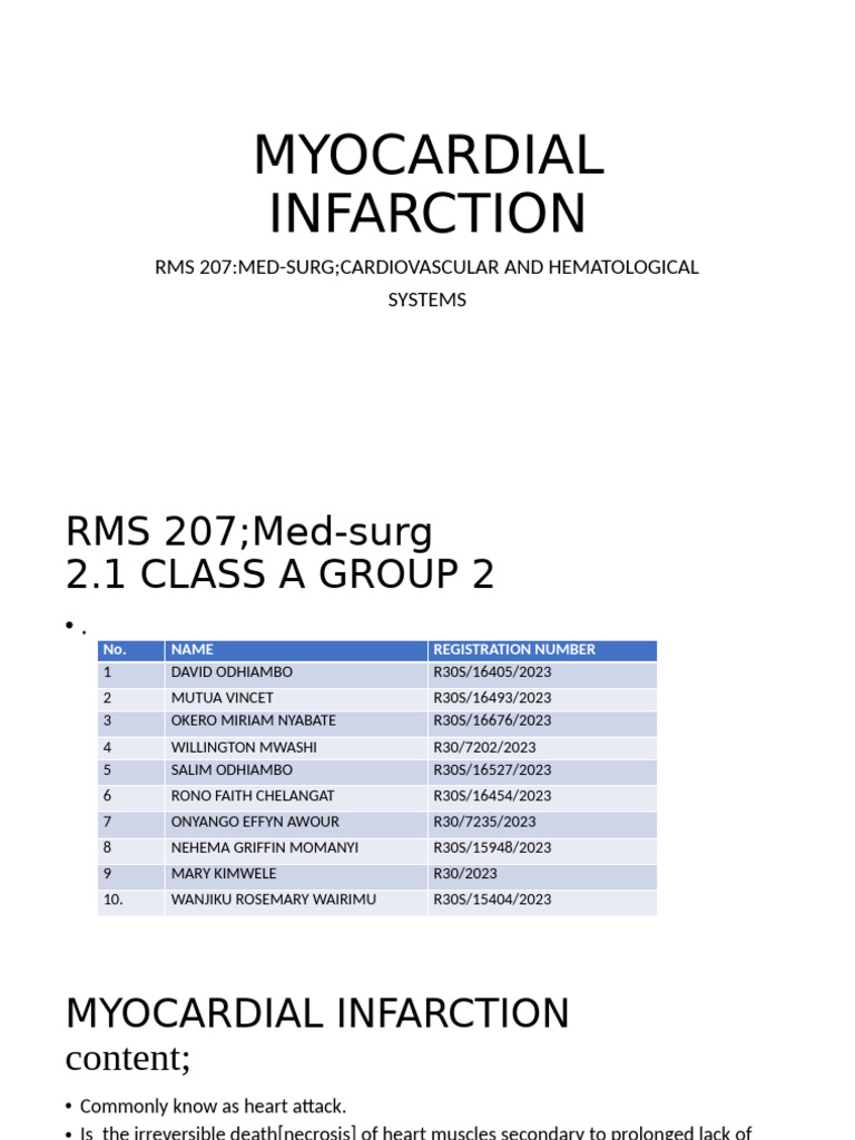 Myocardial Infarction Group 2 Presentation Class A 2.1 | PDF | Myocardial Infarction | Coronary ...