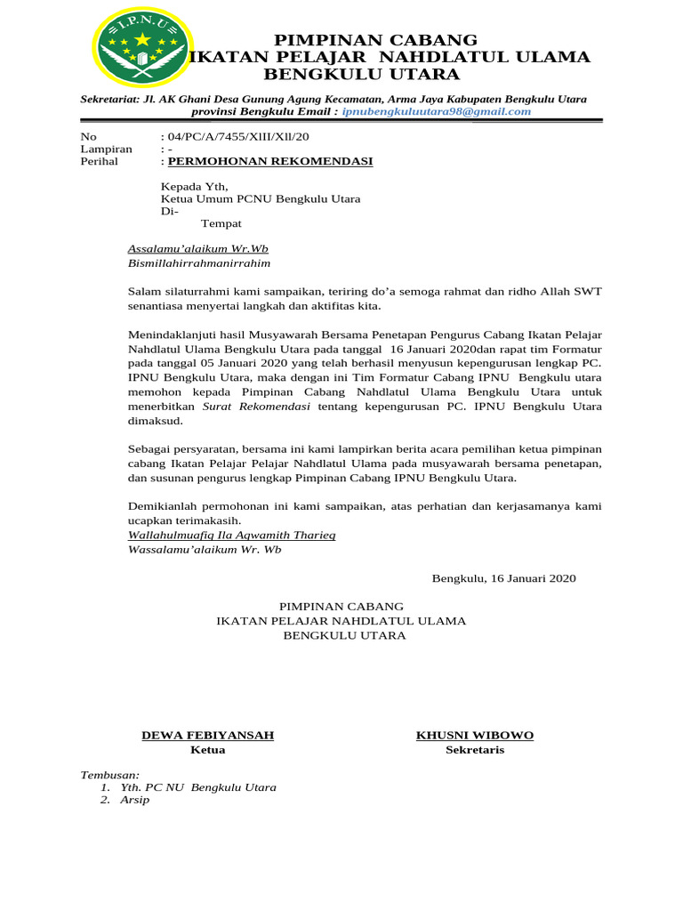 Permohonan Rekomendasi IPNU Bengkulu | PDF