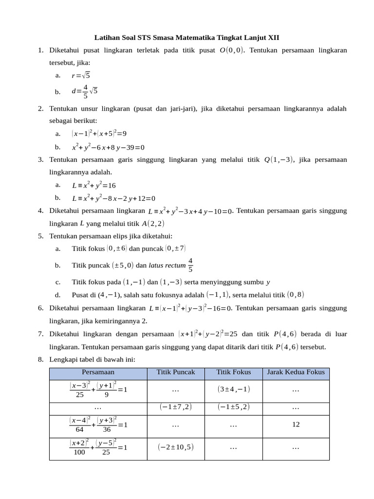 Latihan Soal STS Smasa Matematika Tingkat Lanjut XII | PDF