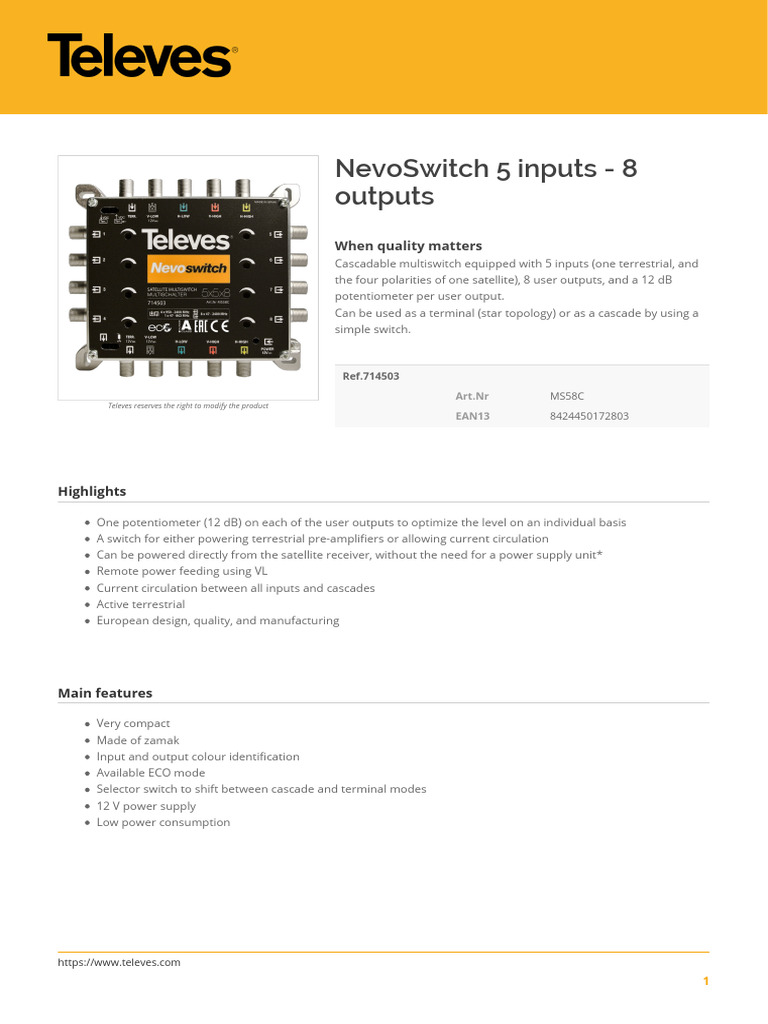 Multiswitch 5 Entradas - 8 Saídas Terminal F | PDF | Power Supply | Telecommunications