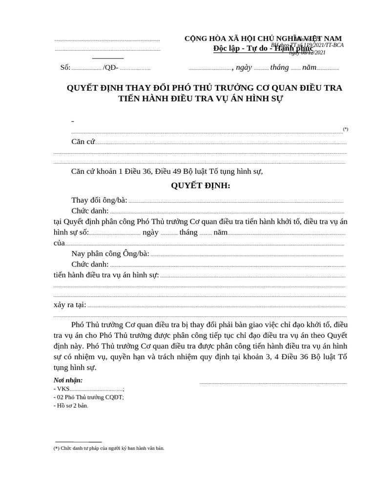 Quyet Dinh Thay Doi PTT CQDT Tien Hanh Dieu Tra VAHS | PDF