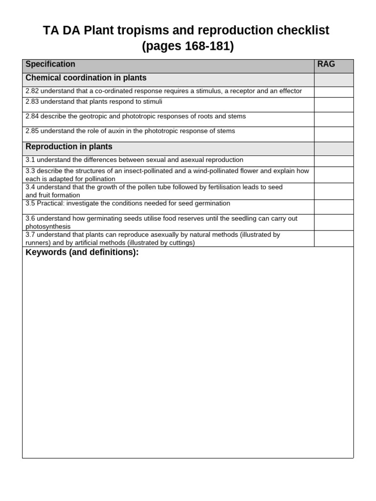8b. Checklist Plant Tropisms and Reproduction TA DA | PDF