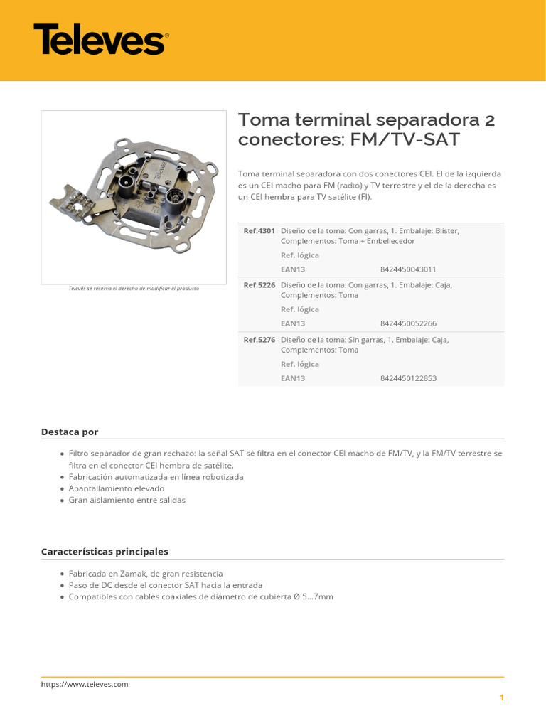 4301 - 5226 - 5276 - Tomada TV&FM-SAT | PDF | Conector eléctrico | Tornillo