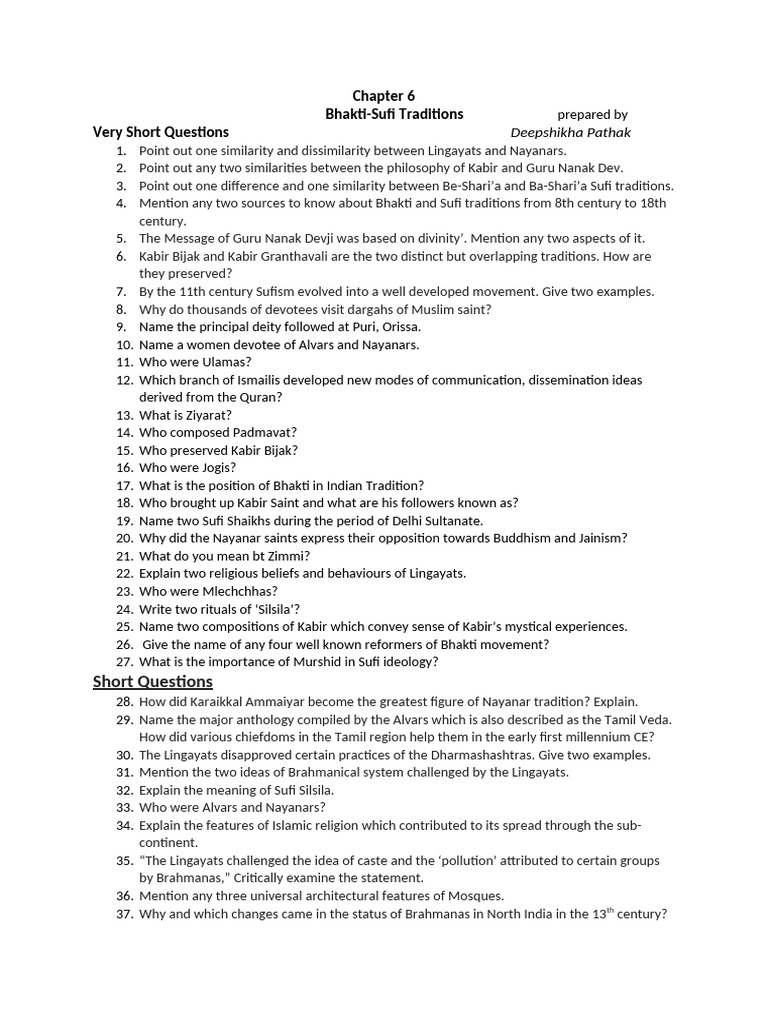 Chapter 6 Class 12 History Qstnnaire 2 | PDF | Bhakti Movement | Bhakti