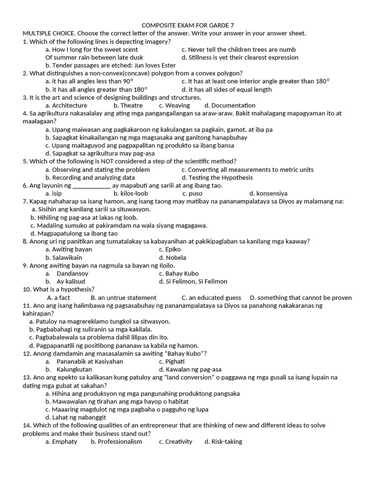 Grade 7 Composite Exam Questions | PDF | Angle | Chemical Compounds