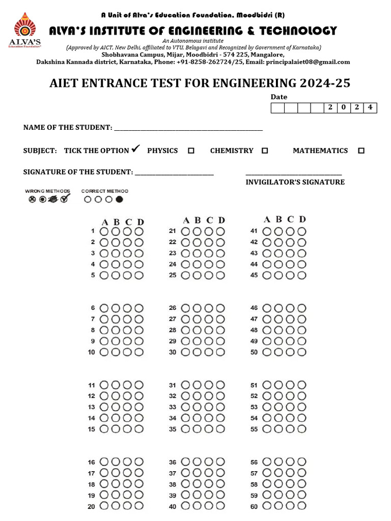AIET Entrance Test 2024-25 | PDF
