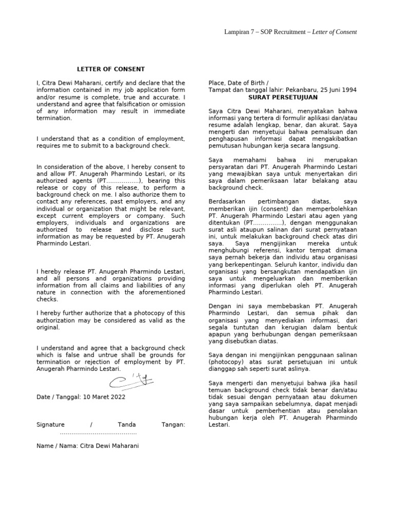 Lampiran 7 - SOP Recruitment - Letter of Consent | PDF