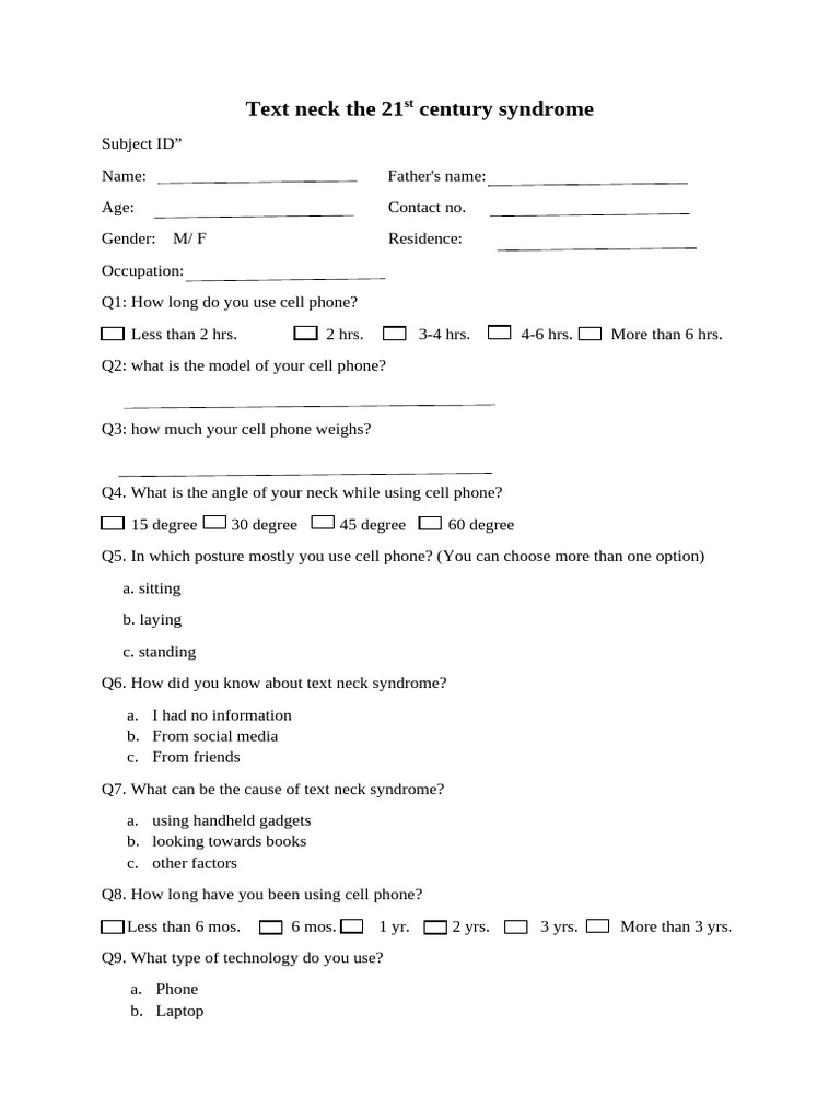 Tania Questionnaire Text Neck Syndrome 123-1 | PDF