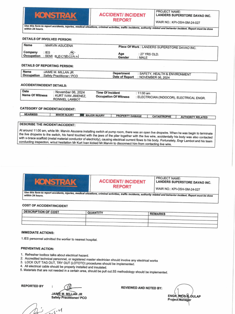 Incident Report Electric Shock Nov 06, 2024 | PDF