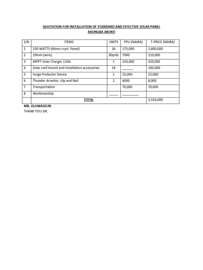 Solar Installation Quotation | PDF