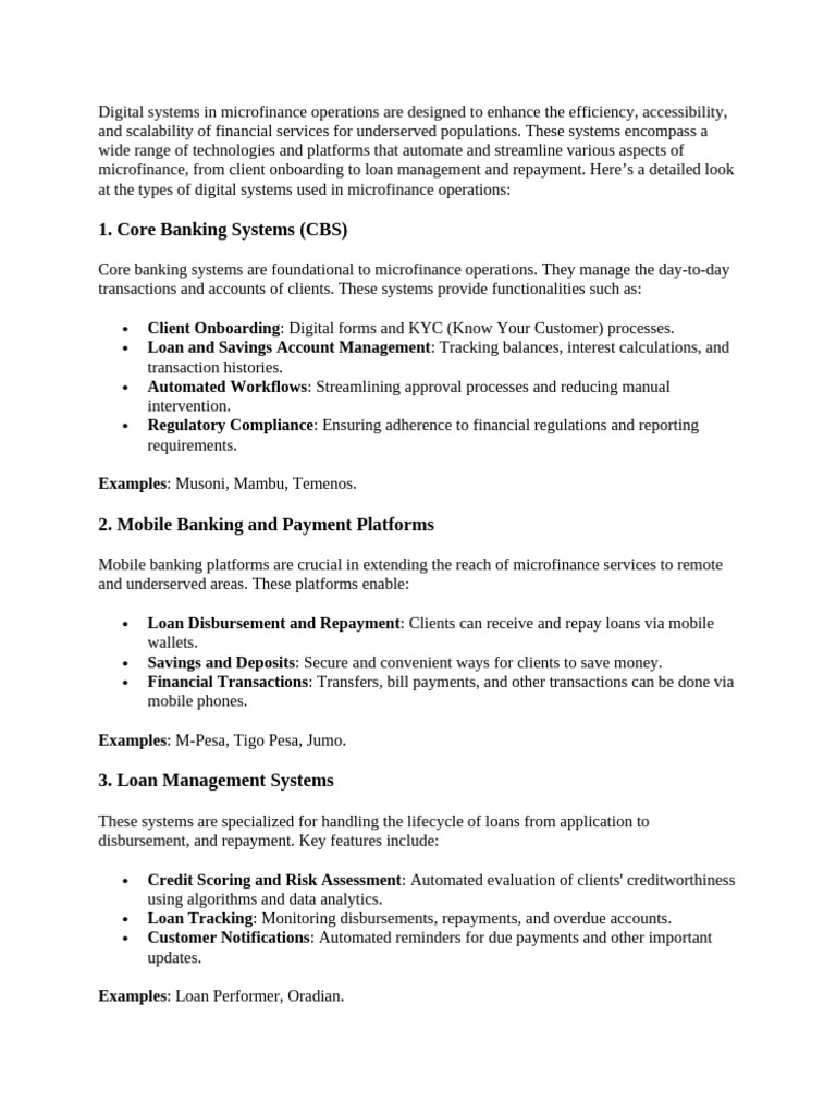 Digital systems in microfinance operations are designed to enhance the ...