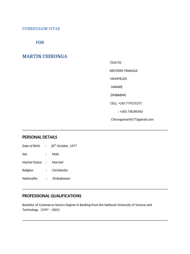 Curriculum Vita1 Martin | PDF | Teachers | Zimbabwe