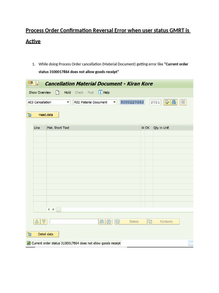 KBA - SAP - PPQM - 01 - Process Order Confirmation Reversal Error When ...