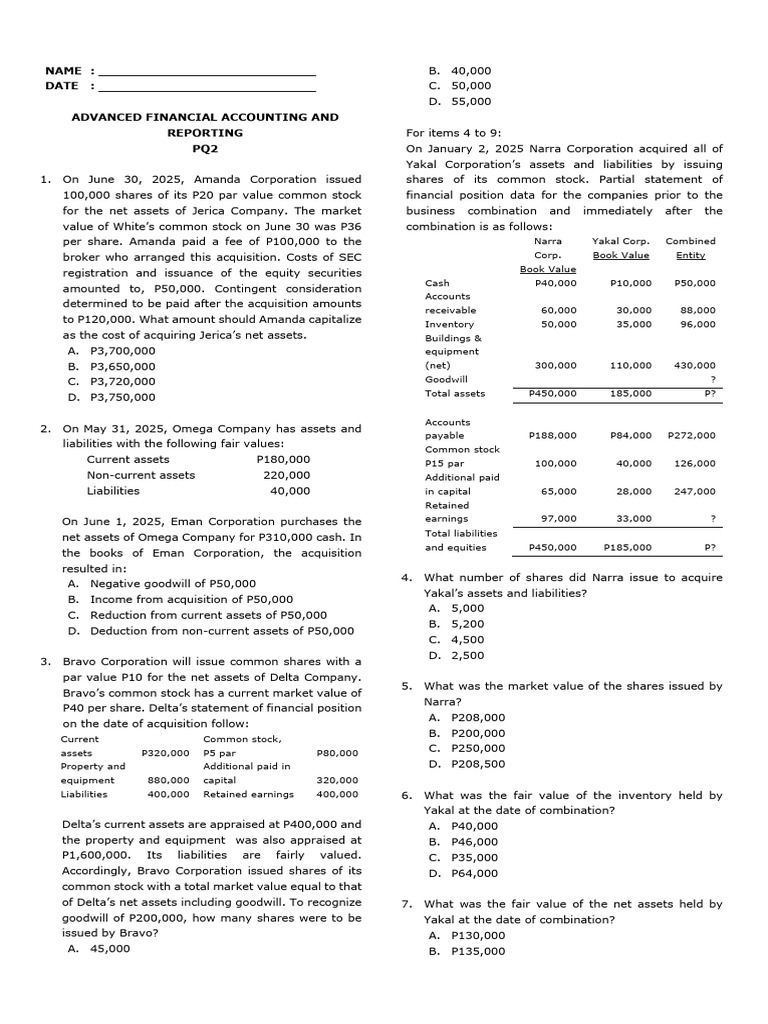 AFAR PRACTICE SET | PDF | Balance Sheet | Equity (Finance)