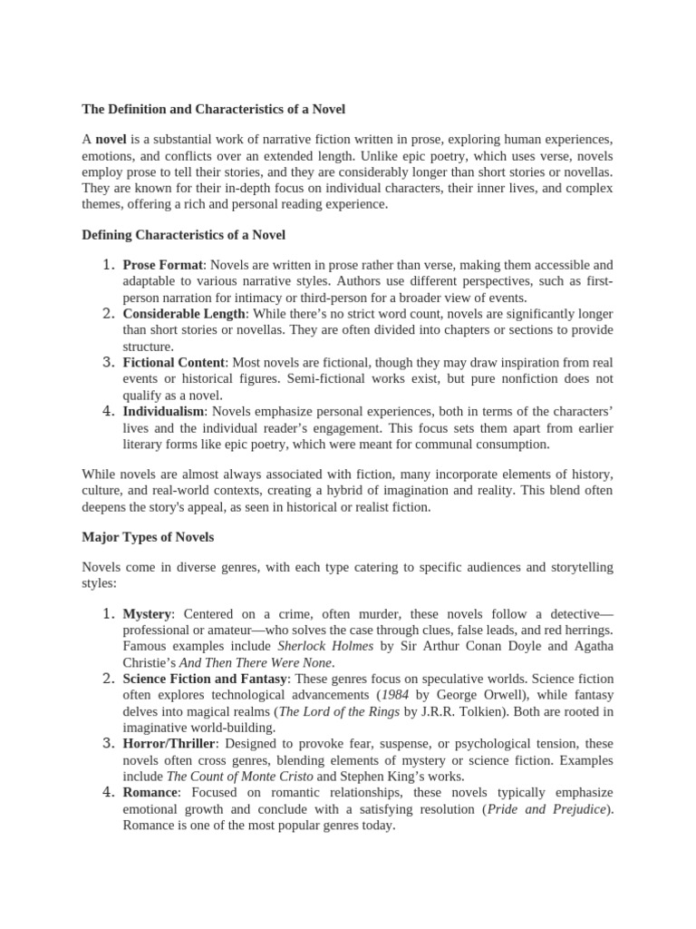 Characteristics of a Novel Explained | PDF | Novels | Narrative