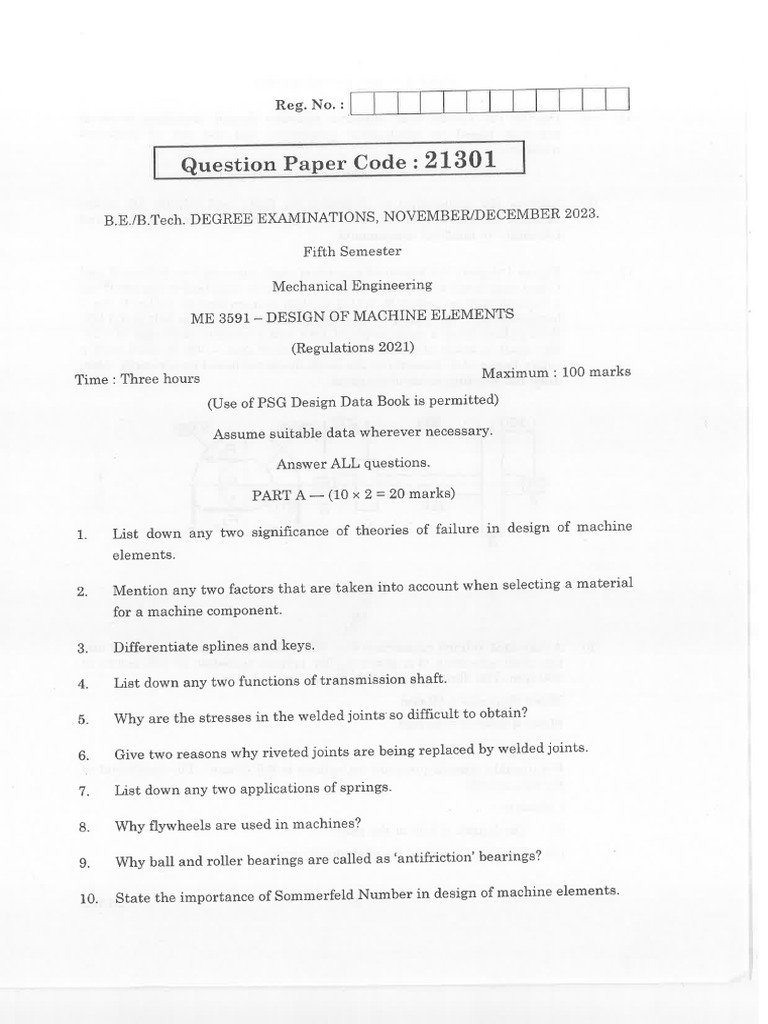 Design of Machine Elements - ME3591 2021 Regulation - Question Paper ...