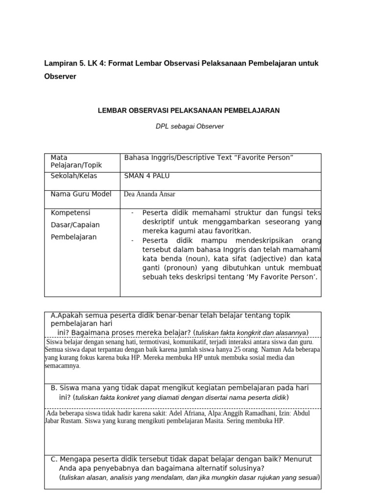 Lampiran 5. LK 4 - Dea Ananda Lembar Observasi Pembelajaran - Siklus 1 | PDF