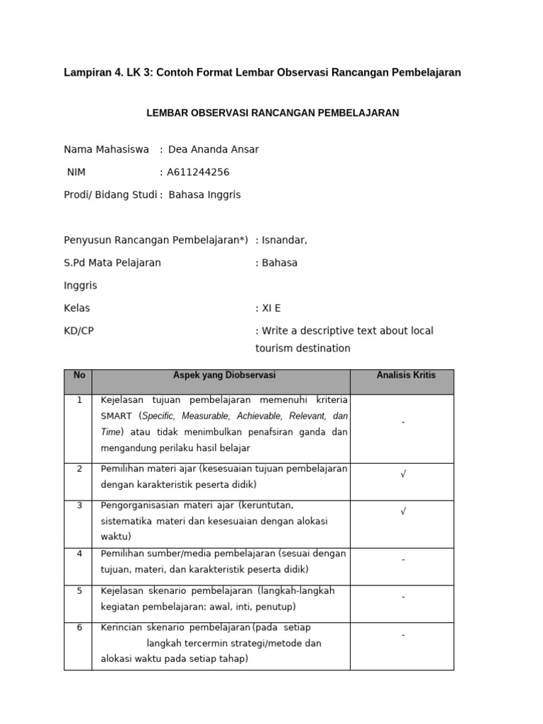 Lampiran 4. LK 3 Dea Ananda Asistensi Mengajar Format Lembar Observasi Rancangan Pembelajaran | PDF