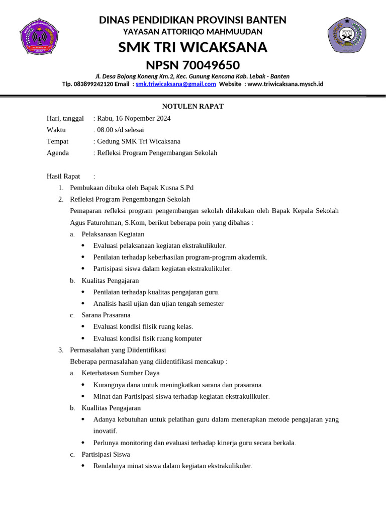 Notulen Rapat Hasil Refleksi Program Pengembangan Sekolah | PDF