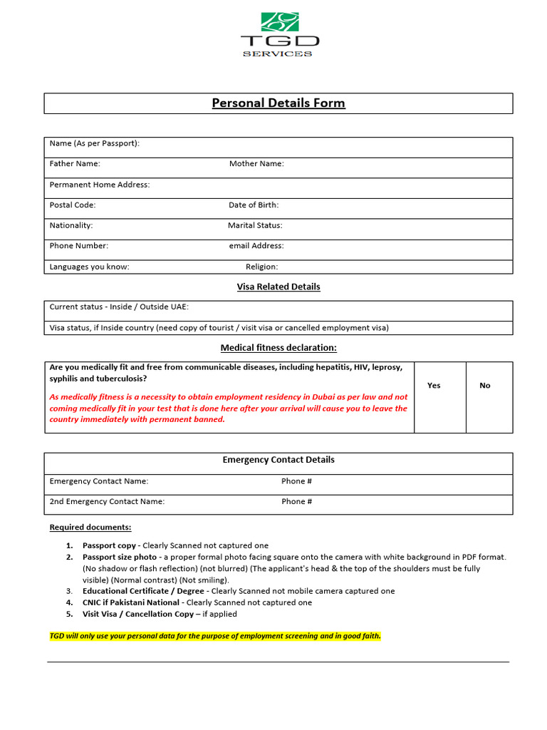 TGD - Personal Details Form | PDF | Travel Visa