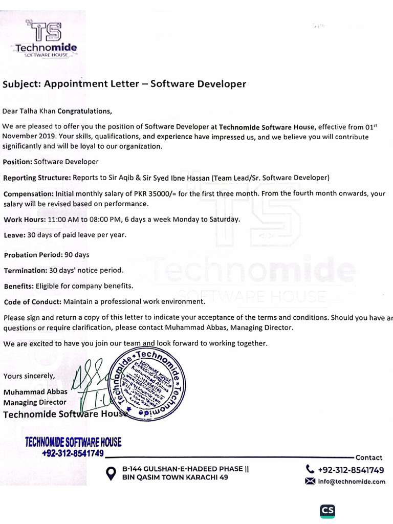 Technomide Experience and Appointment Letter | PDF