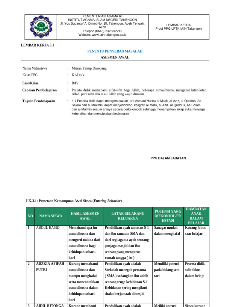 LK 3 - Penyusunan Instrumen Asesmen Awal Formatif dan Sumatif [K1] (1 ...