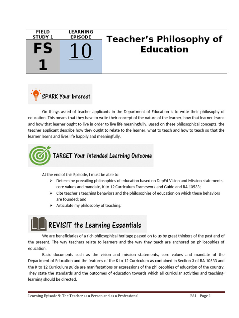 FIELD STUDY 1 E10 On Teachers Philosophy of Education | PDF | Learning ...