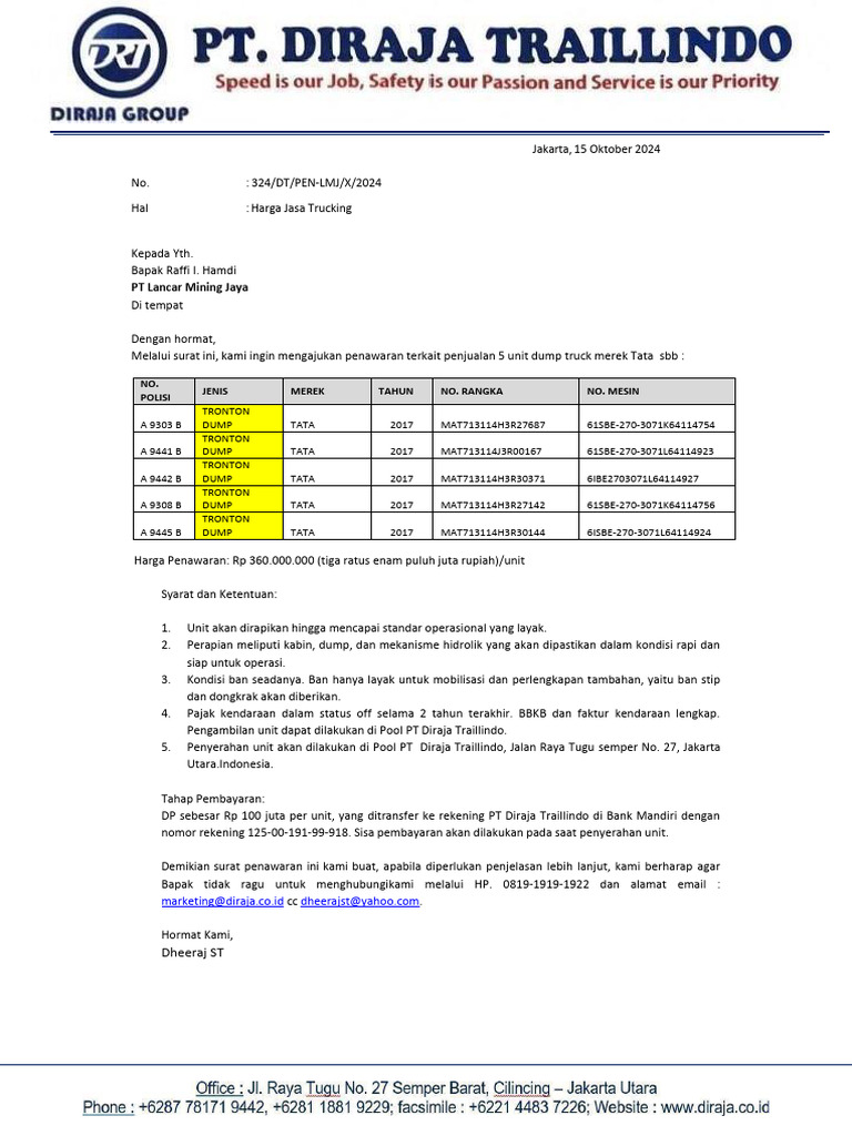 Surat Penawaran PT Lancar Mining Jaya 151024 | PDF