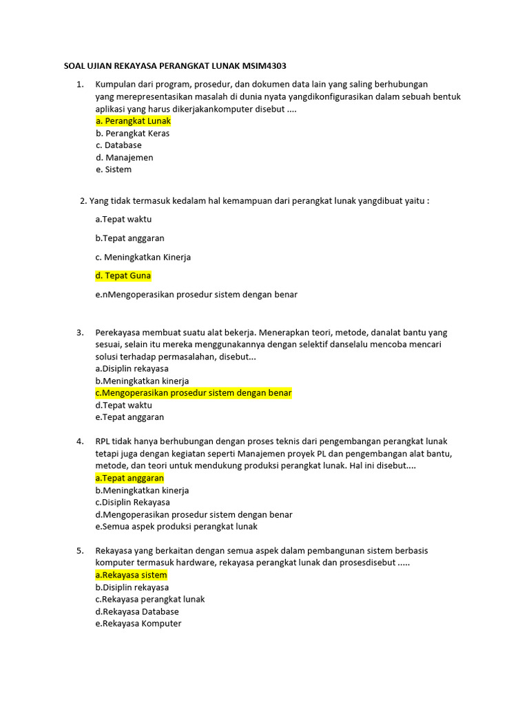 Soal Ujian Rekayasa Perangkat Lunak Msim4303 | PDF